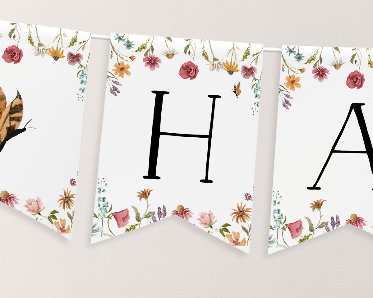 Wildflower Birthday Banner, Flower Happy Birthday Banner Printable, Ha ...