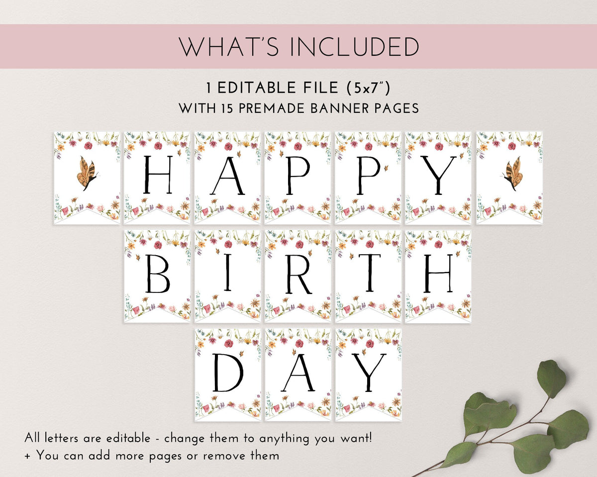 Wildflower Birthday Banner, Flower Happy Birthday Banner Printable, Ha ...